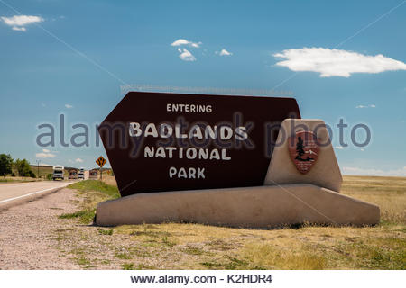 Entrance sign for Badlands National Park, South Dakota, USA Stock Photo ...