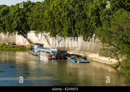 Tour boats on the River Tiber in Rome, St. Peter's Basilica in the ...