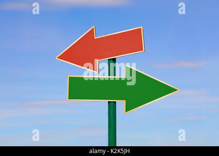 Road signpost with two arrows, green and red, with risk and safe words ...