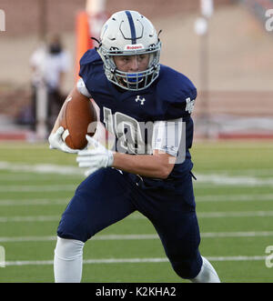 Usa. 31st Aug, 2017. SPORTS -- La Cueva's Dominic Camacho, kicks off ...