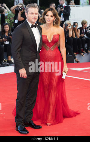 Matt Damon & Luciana Barroso attending the Elysium world premiere held ...