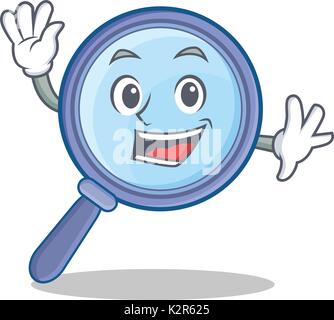 Magnifier with waving hand. Cartoon Character science research object ...