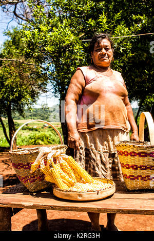Member of Guarani ethnic group in Xapeco Indian Reserve and some ...