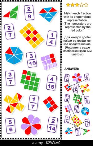 Educational math puzzle for learning and teaching fractions: Match each ...