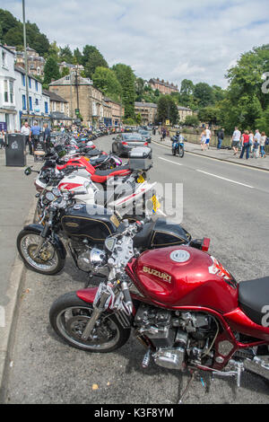 Motorcycles parked on North Parade in Matlock Bath in Derbyshire UK ...