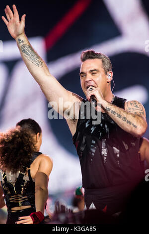 Robbie Williams performs live on stage as part of the Apple Music ...