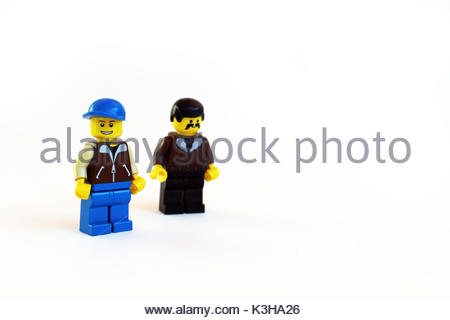 Two Lego minifigures - one scared and one smiling faces Stock Photo ...