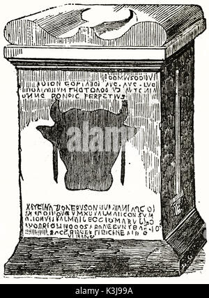 Old engraved reproduction of a Taurobolium altar found in Die, France ...