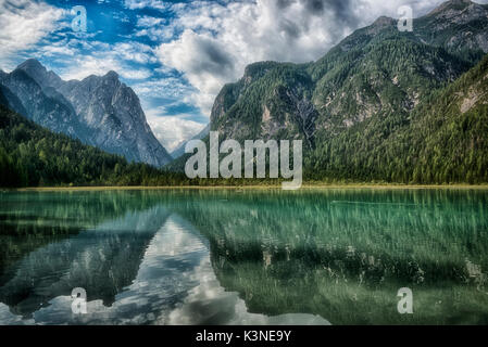 Beautiful view of Dobbiaco lake (Toblacher see) in Alto Adige Stock ...