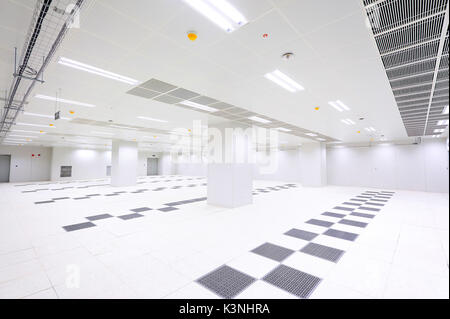 White server room data center storage with blue lights 3D rendering ...