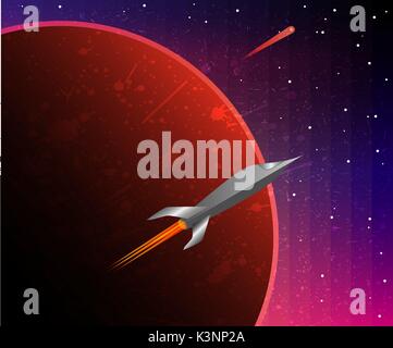 Cartoon red space background with glowing galaxy nebula and flying ...