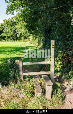 Wooden stile into a field on a public footpath in West Sussex, England ...