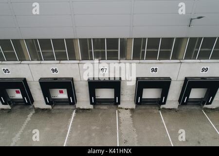 Aerial view of loading gates in distribution center warehouse Stock ...