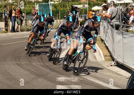 Bike rider of team Sky ProCycling at the finish of the 2013 Prudential ...