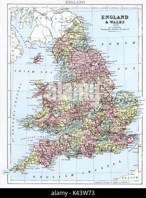 Antique map, circa 1875, of England & Wales (11th Century Stock Photo ...