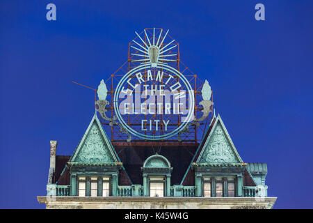 USA, Pennsylvania, Scranton, Scranton Electric City Building, sign ...