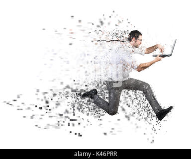 Fast internet connection concept with running businessman with laptop ...