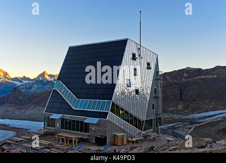 Dawn at the Monte Rosa Hut, Monte Rosa Hütte, above the glacier ...