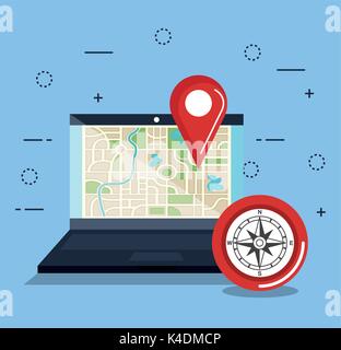 Laptop gps navigation linear icon. Thin line illustration. Laptop with ...