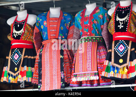 handmade clothes with Hmong ethnic patterns. Hmong are an ethnic group from the mountain regions ...