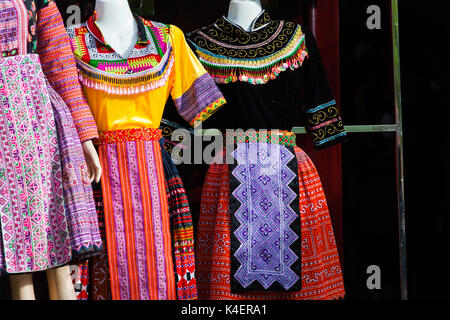 handmade clothes with Hmong ethnic patterns. Hmong are an ethnic group from the mountain regions ...