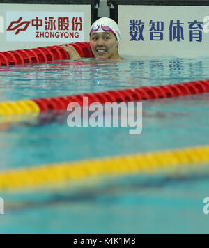 Tianjin. 6th Sep, 2017. Liu Xiang of Guangdong reacts after the women's ...