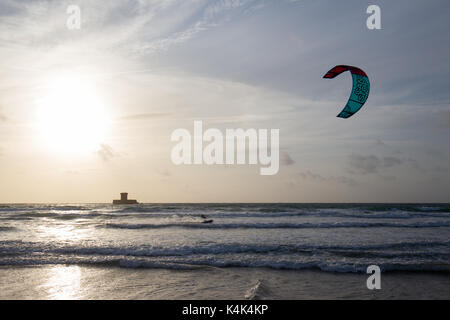 Jersey UK Weather 6th September 2017 St Ouens bay Sunset as kite surfer ...