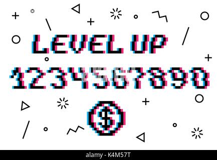 Level Up screen. Pixel video game achievement, pixels 8 bit games ui ...