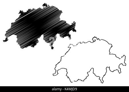 Switzerland sketch outline map isolated on white background. Empty hand ...