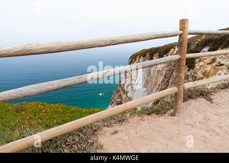 Wooden railings on the edge of Cabo da Roca. Westernmost point Portugal ...