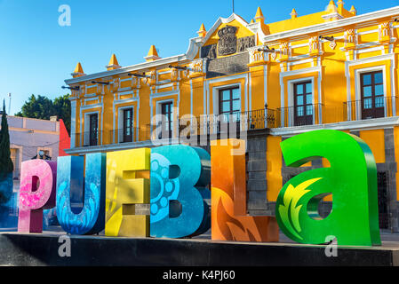 Colorful Sign for Puebla in front of the Giant Pyramid of Cholula Stock ...