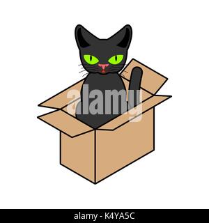 Cute white kitty in cardboard box. Funny cartoon cat sitting in box ...