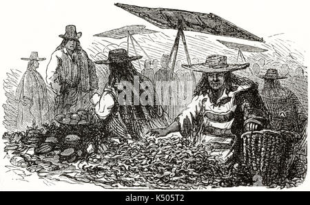 Ancient merchants trading their goods on a outdoor market in a medieval ...