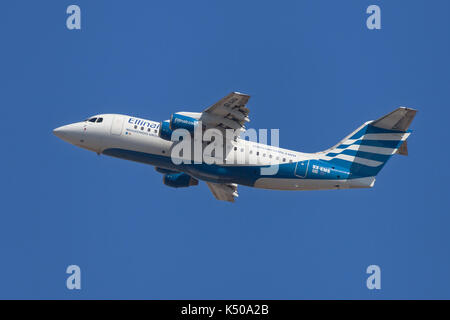 A British Aerospace Avro RJ85 aircraft, registered EI-RJY, taking off ...