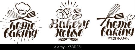 Bakery, bakehouse logo or label. Baker with a wicker basket of freshly ...