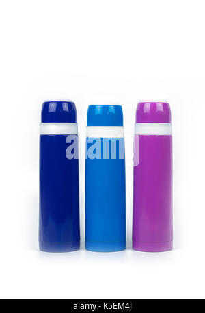 Blue insulated stainless steel tumbler with straw and handle isolated ...