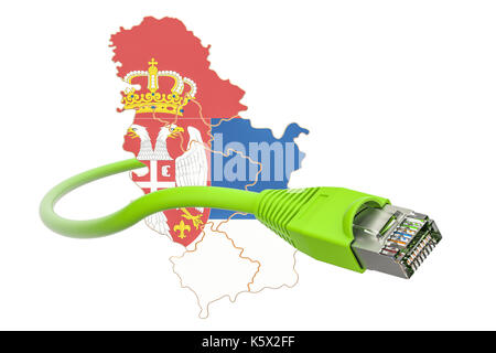 Internet connection in Serbia. Lan cable with Serbian flag. 3D ...