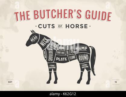Horse scheme cuts. Butcher diagram poster. Meat diagram scheme ...