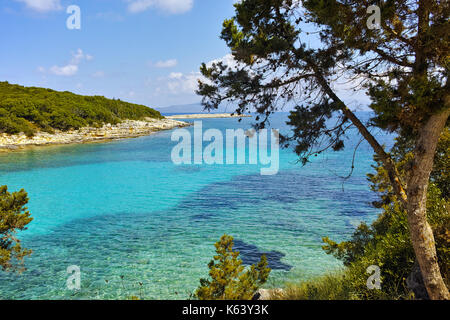 Blue waters of Emblisi Fiskardo Beach, Kefalonia, Ionian islands ...