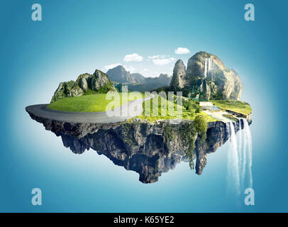 Magic island with floating islands, water fall and field Stock Photo ...