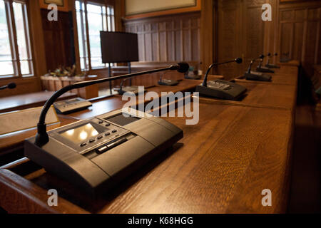 Microphone in conference room to communicate to the audience a business ...