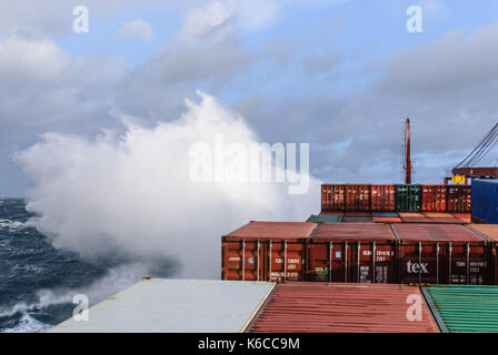Container ship in rough sea bay of Biscay bad weather Stock Photo - Alamy