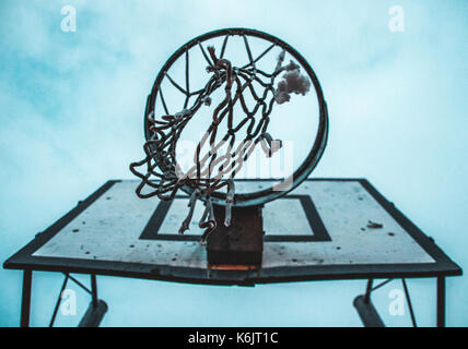 Urban Basketball hoop with worn out ripped net Stock Photo - Alamy