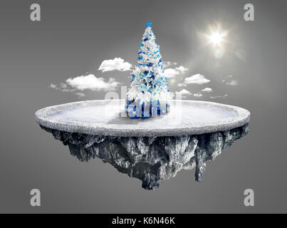 Amazing fantasy scenery with floating islands with white Christmas tree ...