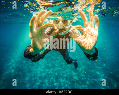 A scuba diver making the OK sign while sitting on the edge of a bathtub ...