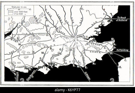 A 1914 map of railways and city walls in the county of London Stock ...