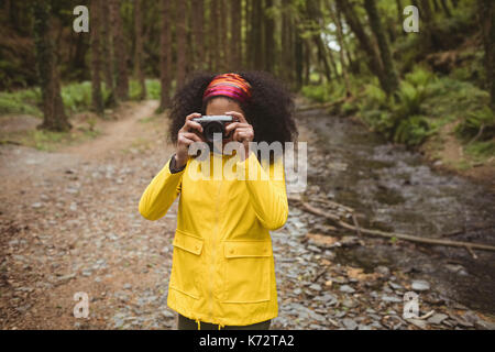 Woman photographing while standing in forest Stock Photo - Alamy