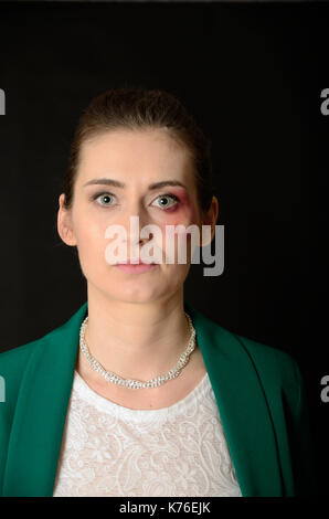 Home violence. Portrait of beaten woman with injuries on face, bleeding ...