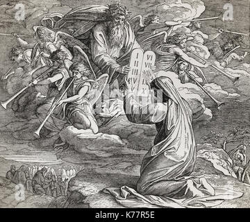 ENGRAVING OF MOSES RECEIVING THE TEN COMMANDMENTS FROM GOD ON MOUNT ...