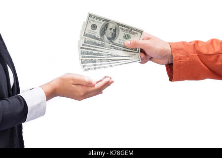 Hand handing over money to another hand isolated on white background ...